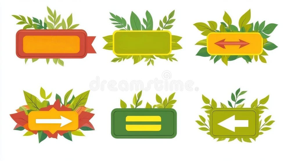 Collection of Rectangular Frames with Leaves and Arrows on a White ...