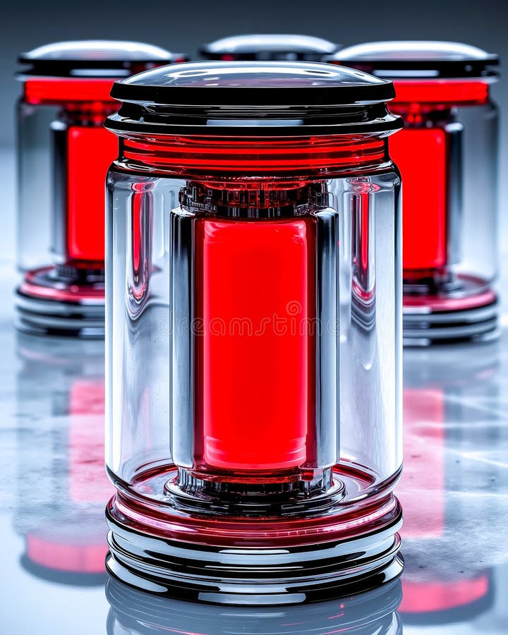 A Group of Glass Jars with Red Lids Sitting on a Table Stock Image ...