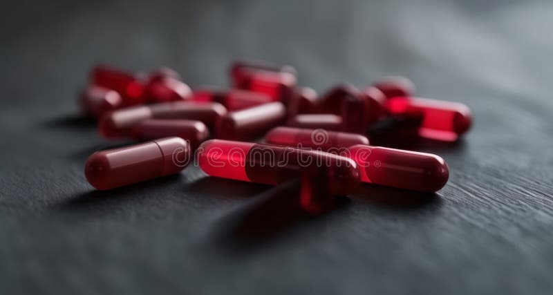 A Collection of Red Capsules on a Dark Surface Stock Illustration ...
