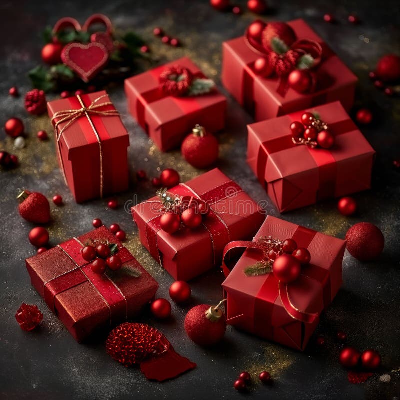 A Collection of Red Christmas Gift Boxes Arranged on a Dark Surface ...