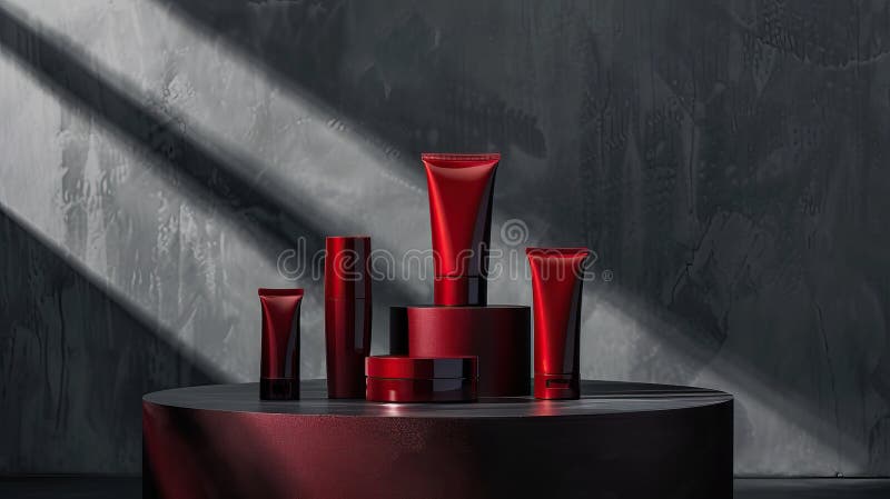 A Collection of Red Cosmetic Packaging Mockups on a Gray Platform with ...