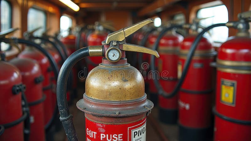 Collection of Red Fire Extinguishers with Pressure Gauges in Railway ...
