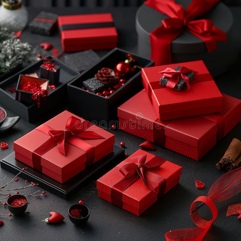 A Collection of Red Gift Boxes with Bows, Arranged on a Dark Surface ...