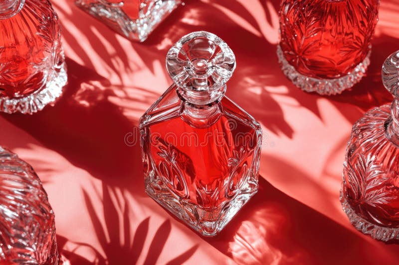 A Collection of Red Glass Bottles Placed on a Flat Surface Stock Photo ...