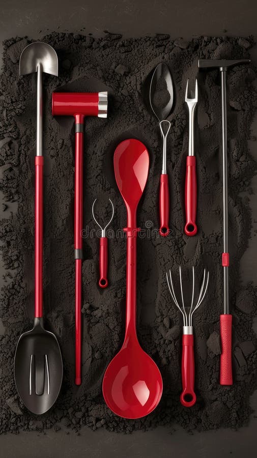 A Collection of Red Kitchen Utensils, Including a Large Spoon, a Whisk ...
