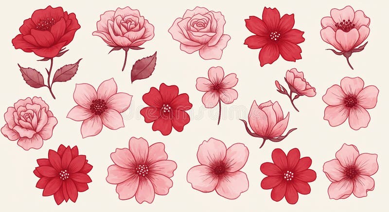 A Collection of Red and Pink Flower Illustrations on a Light Background ...