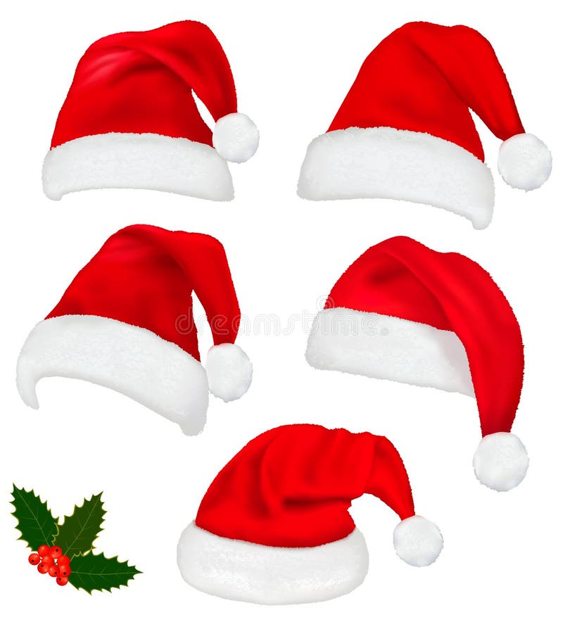 Collection of Red Santa Hats with and Holly Stock Vector - Illustration ...