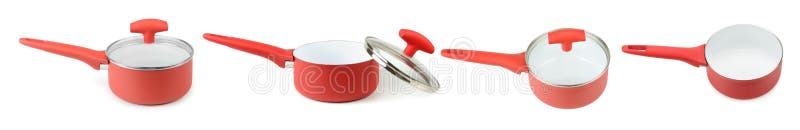 Collection Red Saucepans with Glass Lids from Different Angles Isolated ...