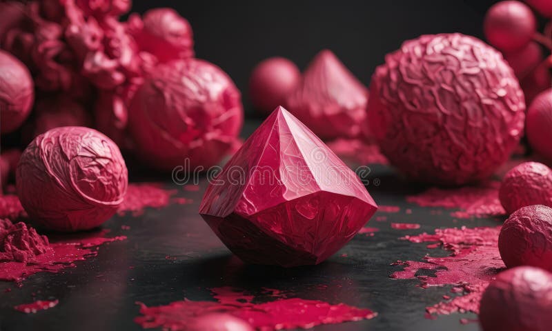 Collection Red Spheres and Large, Sharp-edged Red Object are Scattered ...