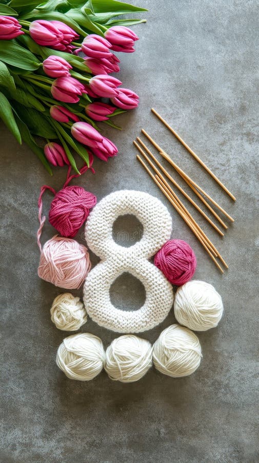 A Collection of Red Tulips Placed Next To a White Knitted Infinity ...