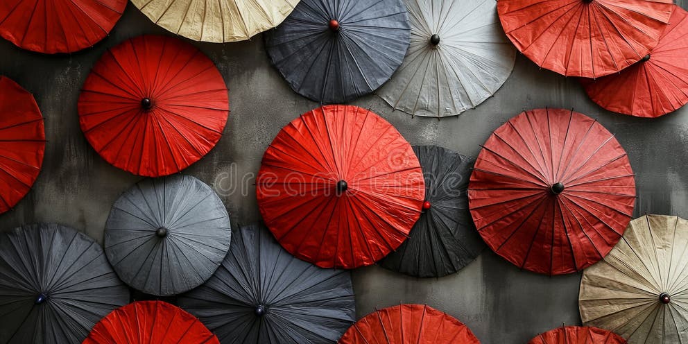 A Collection of Red and White Umbrellas Arranged in a Pattern Stock ...