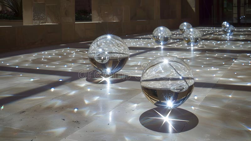 A Collection of Reflective Glass Spheres Casting Light Patterns on a ...