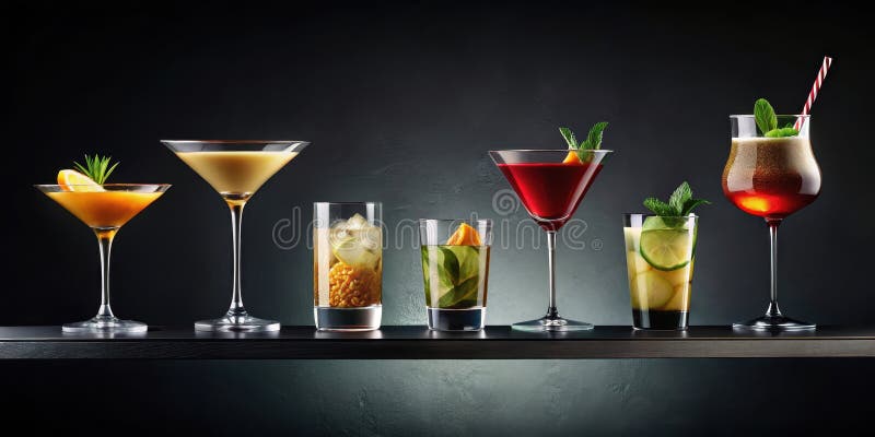 A Collection of Refreshing Mixed Drinks on a Dark Shelf. Generative AI ...