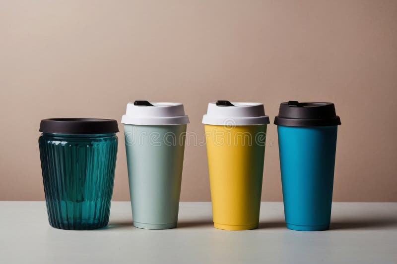 Collection of Reusable Coffee Cups and Water Bottles, Modern Stock ...