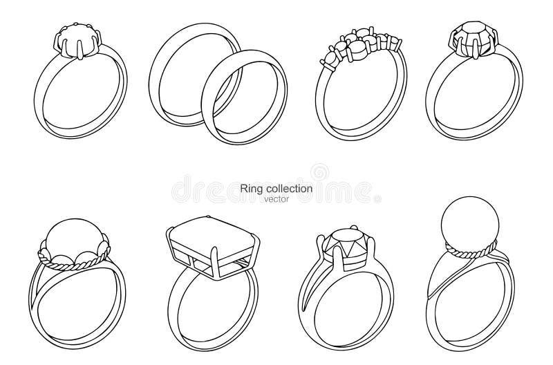 Collection of Rings with Precious Stones. Contour Drawing.Vector Stock ...