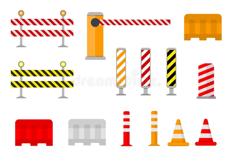 Collection of Road Barriers Vector Illustration in Flat Style. Set of ...