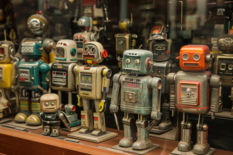 A Collection of Robot Figurines Arranged Together on a Shelf, Creating ...