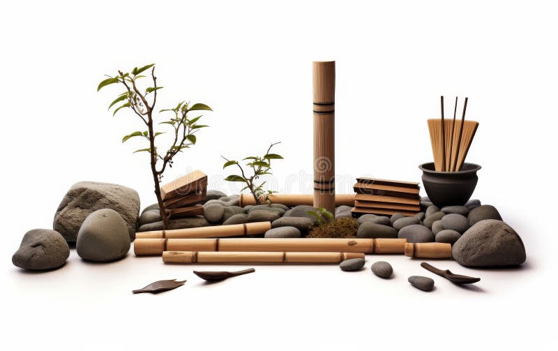 A Collection of Rocks, Bamboo Sticks, and Plants Stock Image - Image of ...