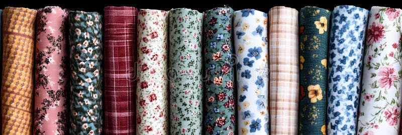 Collection of Rolled Fabric Swatches with Various Patterns Stock ...