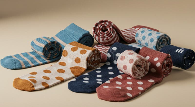 A Collection of Rolled-up Socks Featuring Various Patterns, Including ...
