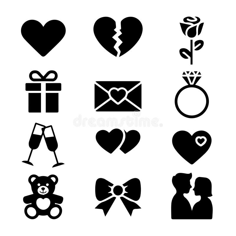 Collection of Romance and Relationship Elements in Simple Black Shapes ...