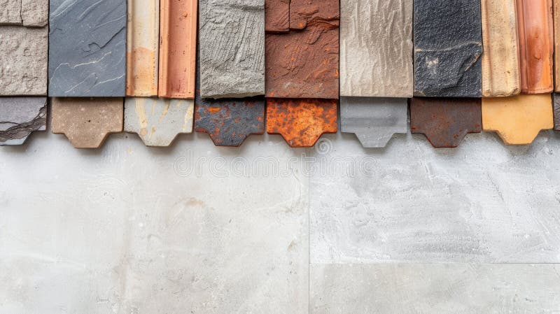 Collection of Roof Tile Samples Arranged in Rows. Concept of ...