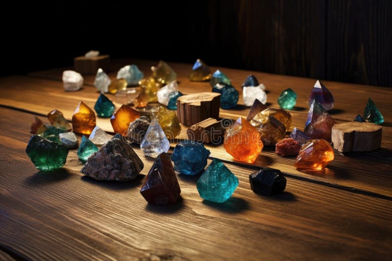 Collection of Rough, Gemstones on a Wooden Table Stock Illustration ...