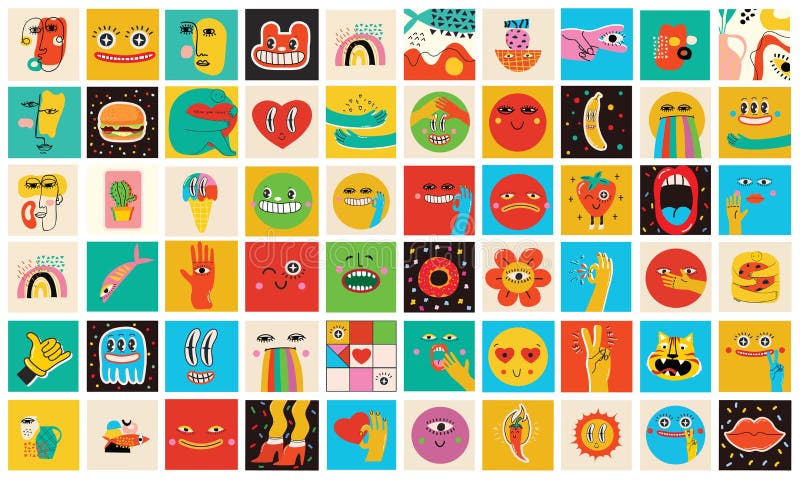Collection of Round Abstract Comic Faces with Various Emotions. Crazy ...