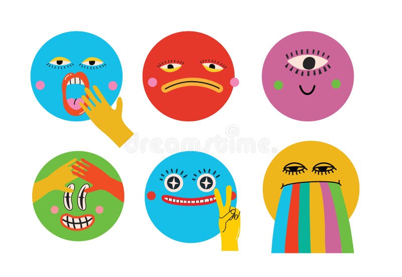 Collection of Round Abstract Comic Faces with Various Emotions. Crazy ...
