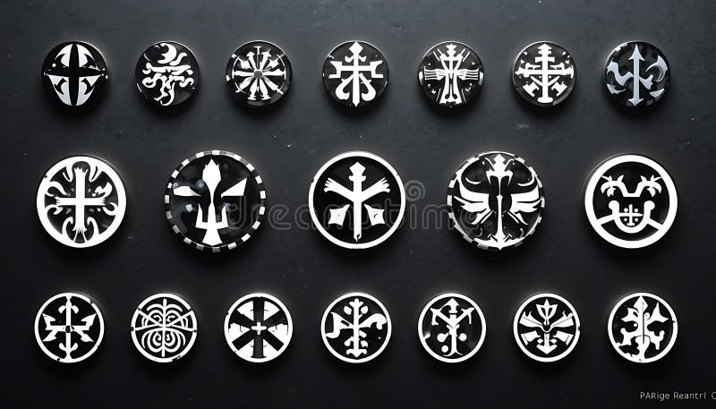 Collection of Round Black and White Symbols on Dark Surface Stock ...