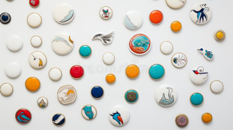 A Collection of Round Pins or Badges on a White Background. the Pins ...