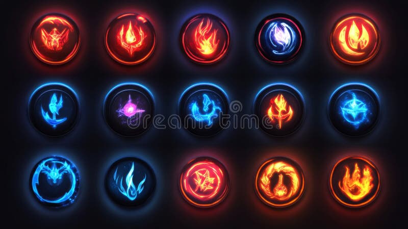 Collection of Round Shaped Game Icons Featuring Magic Fire and Light ...