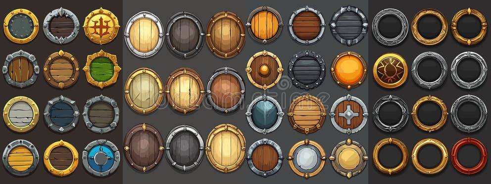 Collection of Round Shields and Emblems in Various Textures and Colors ...