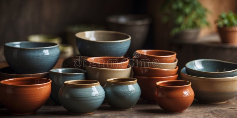 Collection of Rustic Ceramic Bowls and Dishes. Stock Photo - Image of ...