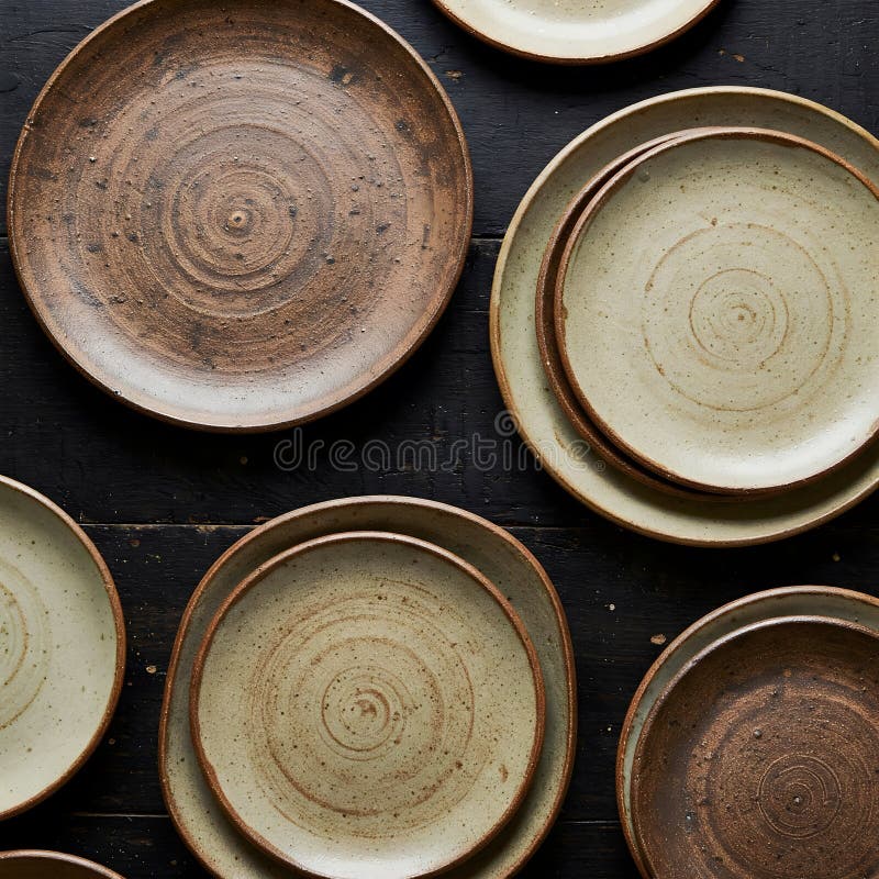 A Collection of Rustic Ceramic Plates with Earthy Tones are Arranged on ...