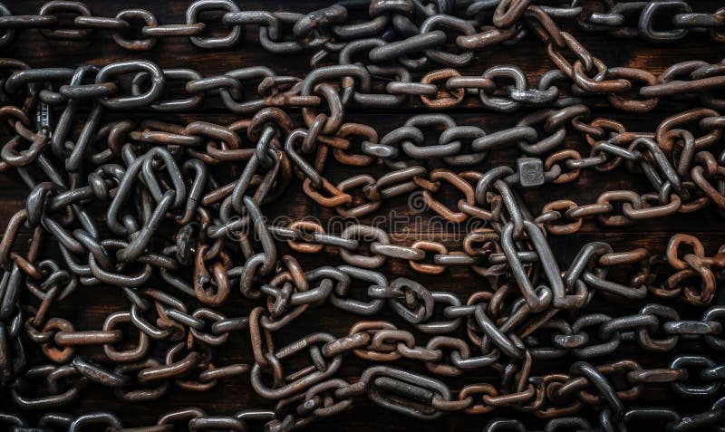 A Collection of Rustic Chains Resting on a Wooden Table Stock ...