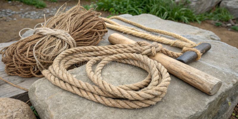 Collection of Rustic Ropes and Tools on a Natural Stone Surface in an ...
