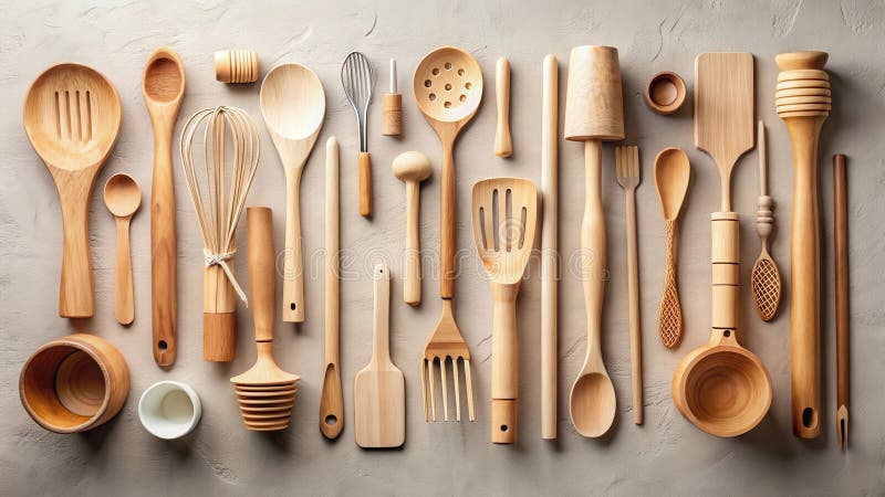 A Collection of Rustic Wooden Kitchen Utensils Arranged on a Neutral ...