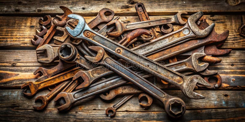 A Collection of Rusty Wrenches on Aged Wooden Surface. Generative AI ...