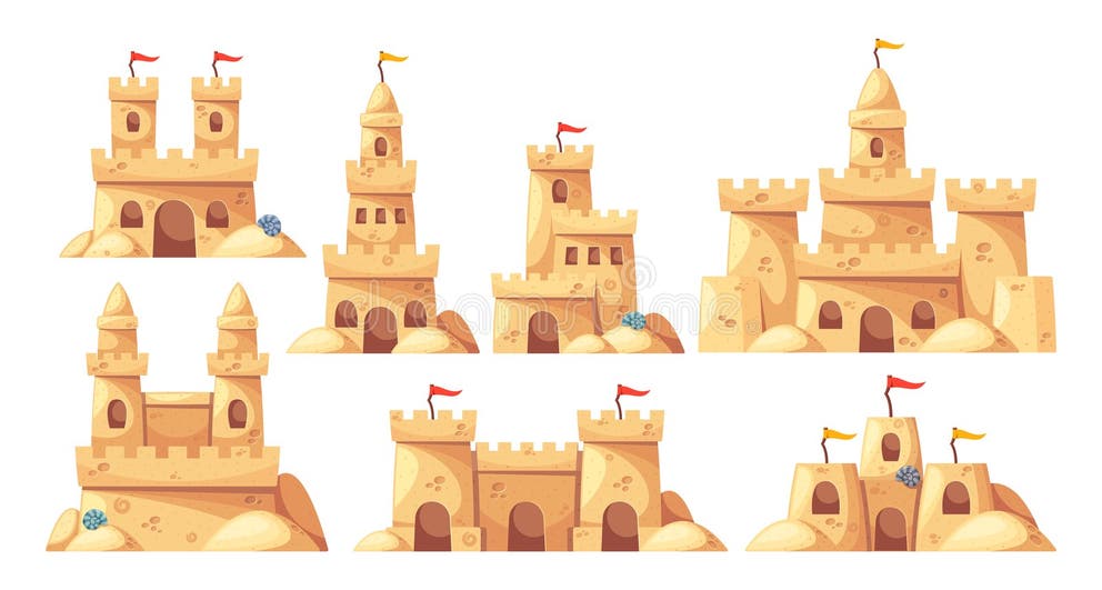 Collection of Sand Castles, Complete with Flags and Seashells. Various ...