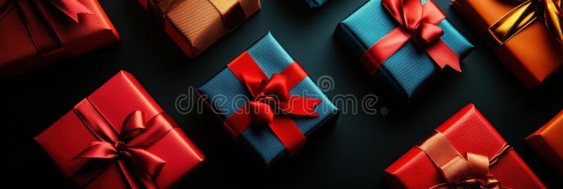A Collection of Saturated Gift Boxes with Colorful Bows is Displayed ...