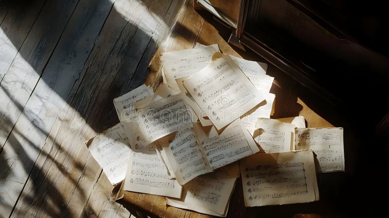 A Collection of Scattered, Aged Music Sheets on a Wooden Surface. Stock ...
