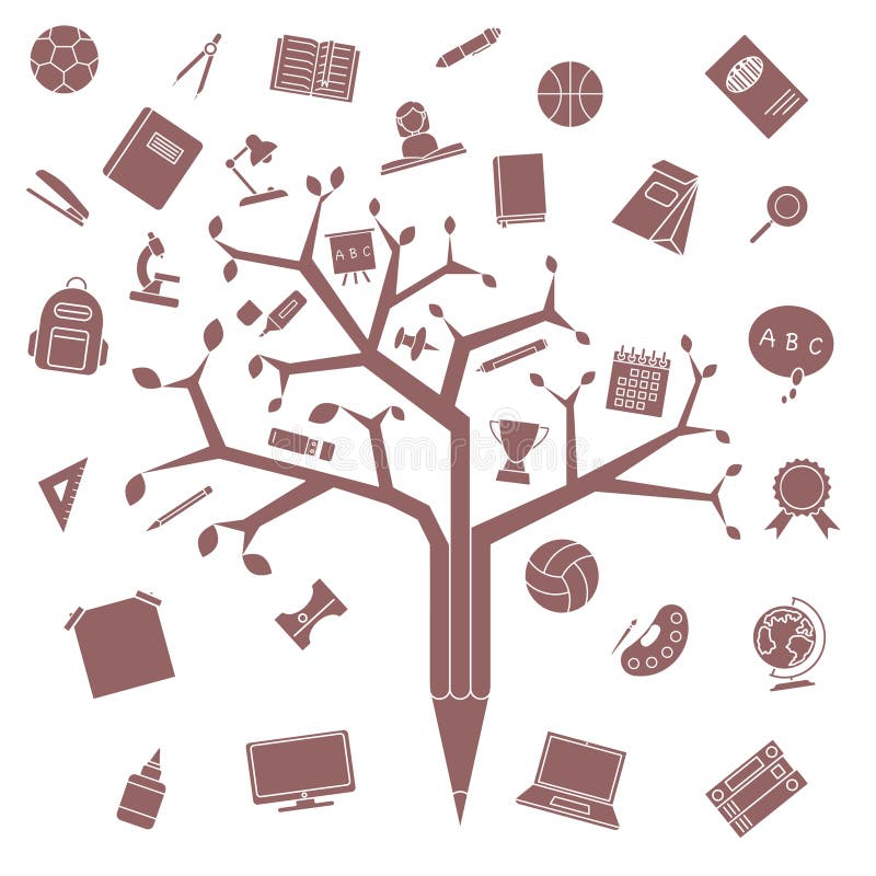 Collection of School Icons Fully Colored in Red. Tree of Knowledge ...