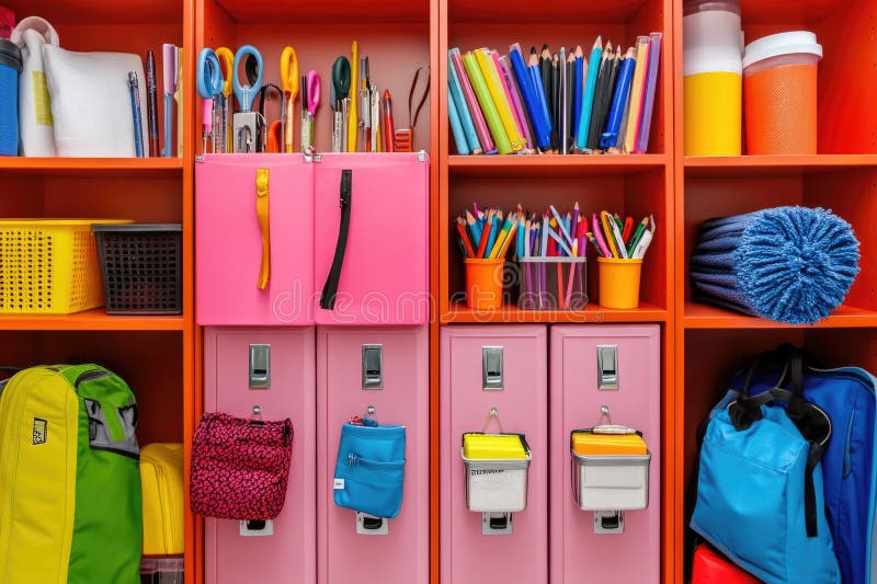 A Collection of School Supplies Stacked on a Shelf Stock Image - Image ...