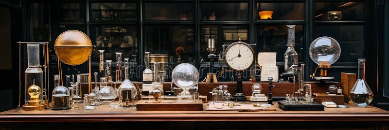 Collection of Scientific Instruments Displayed on Wooden Surface Stock ...