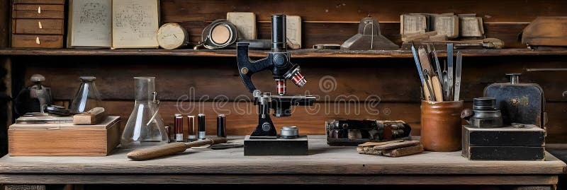 Collection of Scientific Instruments on Wooden Table Stock Illustration ...