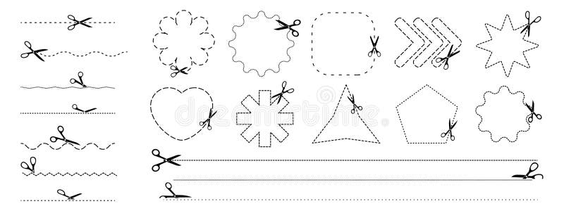 Collection of Scissors with Cut Lines and Geometric Shapes. Cut Here ...