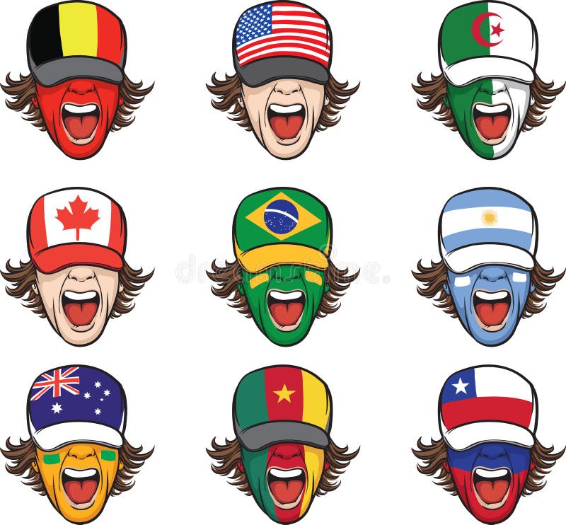 Collection of Screaming Faces with Flags on Caps Stock Vector ...