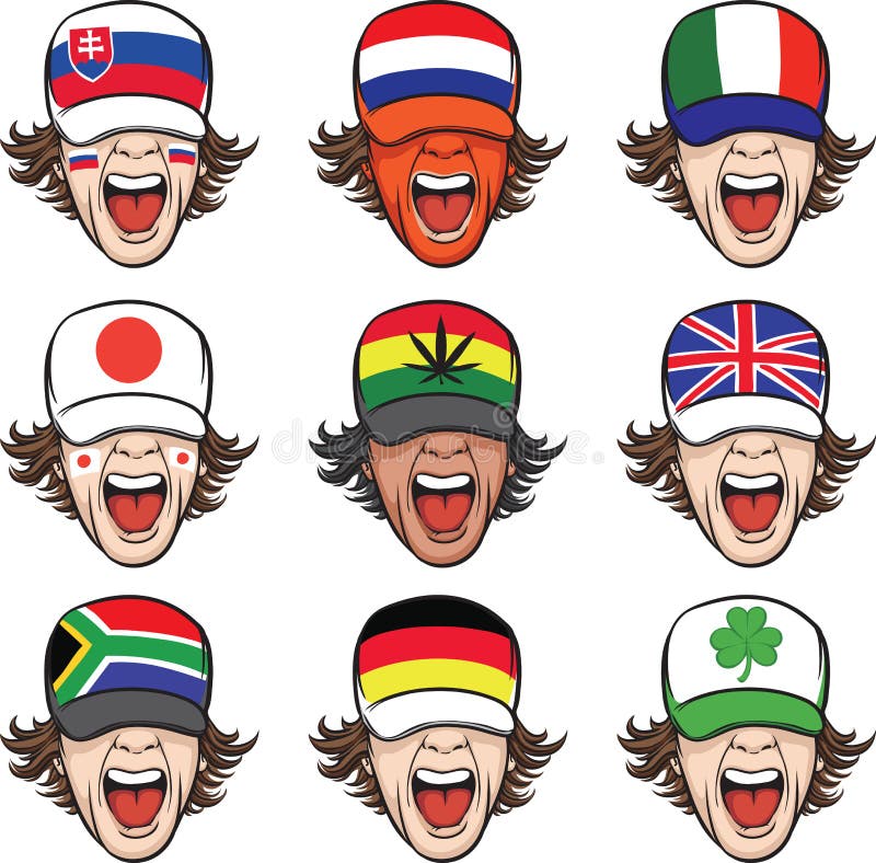 Collection of Screaming Faces with Flags on Caps Stock Vector ...