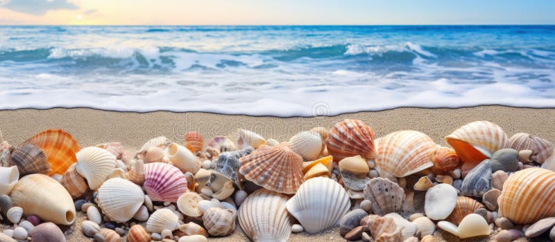 A Collection of Sea Shells on Coastal Shore with Ocean Backdrop Stock ...